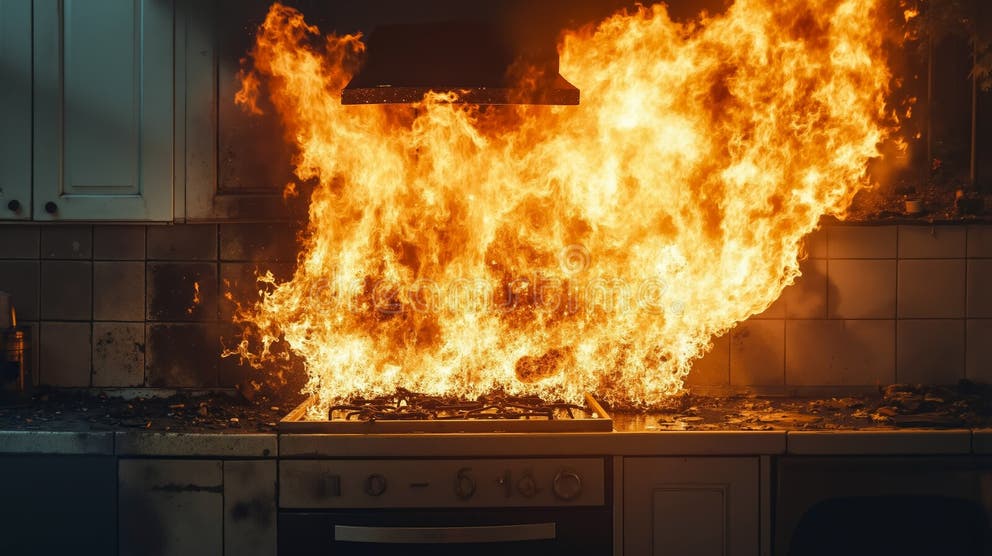 A Kitchen with a Stove on Fire in the Middle of it Stock Photo - Image ...