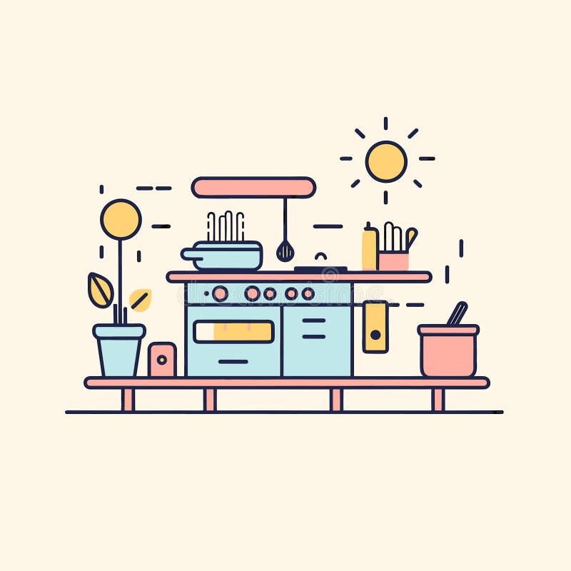 Vector of a Flat Icon Vector of a Kitchen with a Stove and Pots on a ...