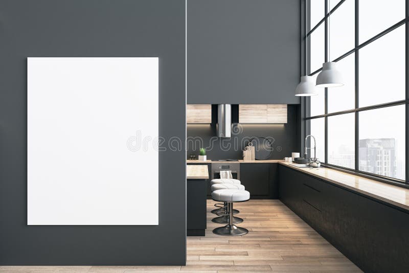Kitchen Studio Interor with City View and Blank Poster on Wall Stock ...