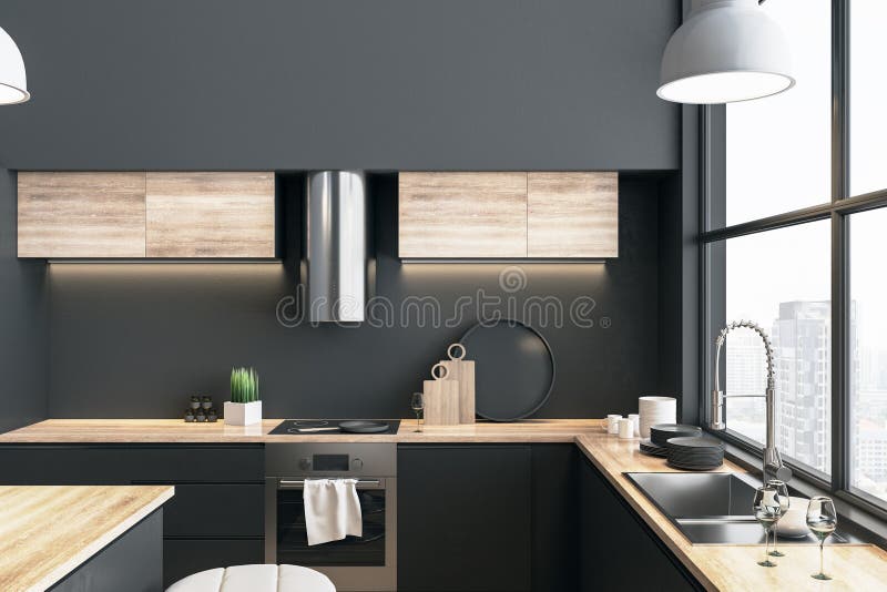 Kitchen Studio Interor with City View and Wooden Table Stock ...