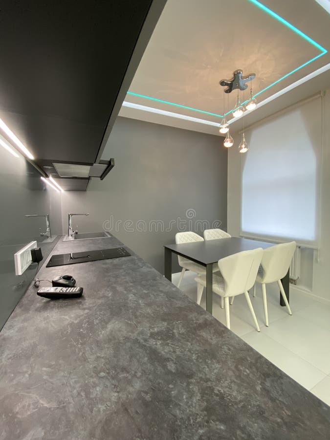 Kitchen Studio in White Style with a TV Stock Photo - Image of black ...