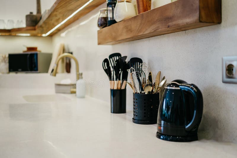 Kitchen Stuff and Kettle. Bright White Modern Design of Luxury Kitchen ...