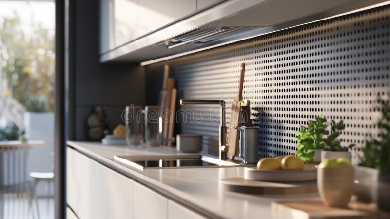 In the Kitchen a Stunning Perforated Metal Backsplash Adds a ...