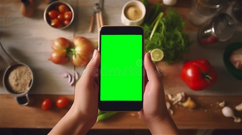 In the Kitchen, a Subjective View of the Cell Phone with Greenscreen To ...