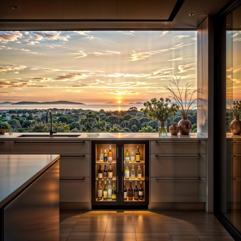 Kitchen with Sunset Cityscape View, Generative Ai Stock Illustration ...