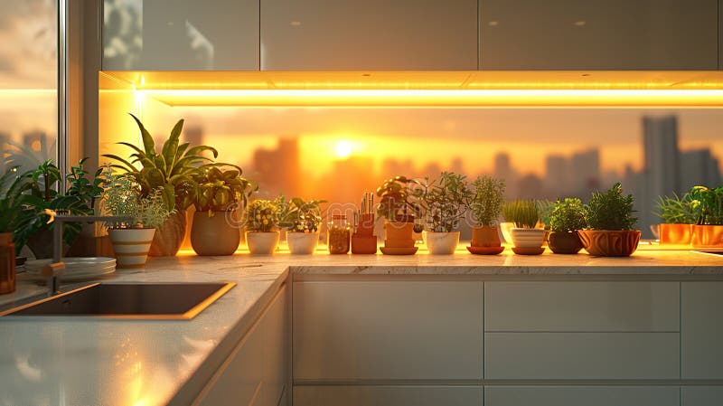 Kitchen with Sunset View stock illustration. Illustration of plants ...