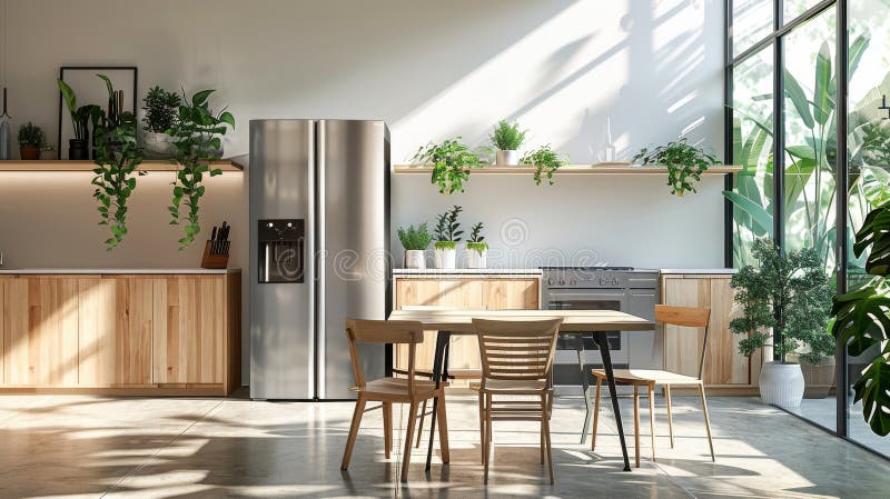 A Kitchen with a Table and Chairs, a Refrigerator, and a Stove Stock ...