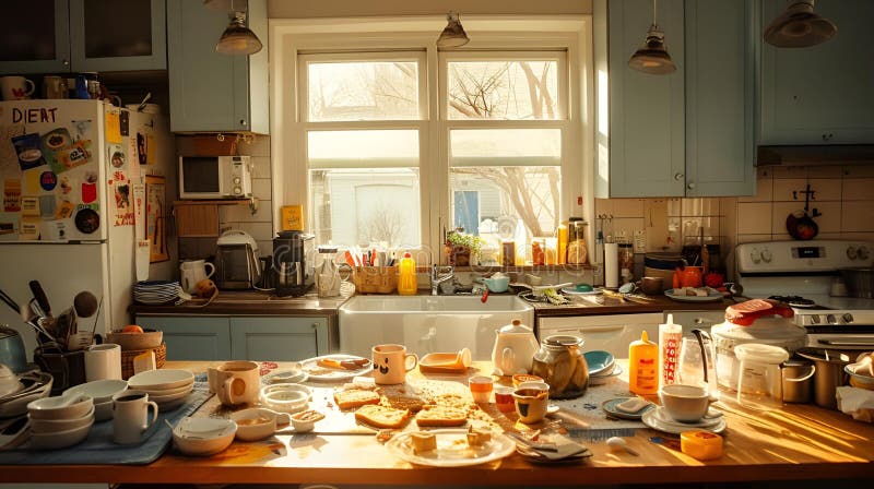 The Kitchen Table is Cluttered with Breakfast Food and Condiments Stock ...
