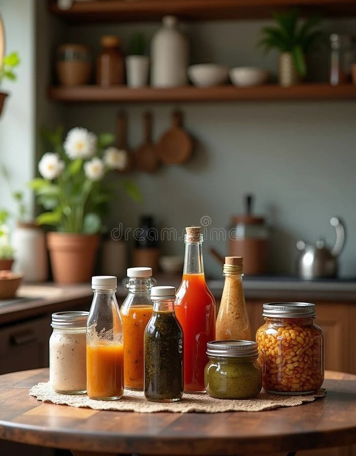 A Colorful Array of Condiment Bottles on the Kitchen Table this Vibrant ...
