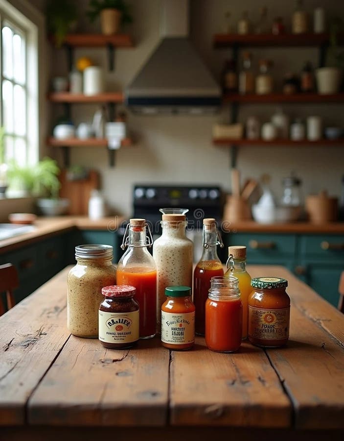A Colorful Array of Condiment Bottles on the Kitchen Table this Vibrant ...