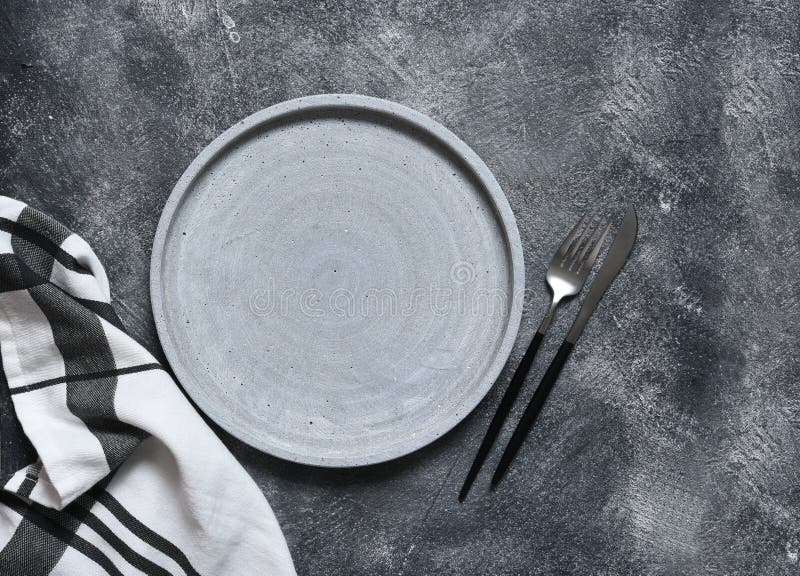 Kitchen Table with Empty Plate and Towel. Cooking Stone Backdrop. Top ...