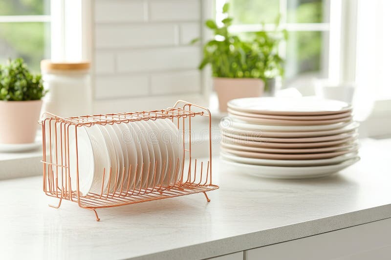 A Kitchen Table Features a Drying Rack Loaded with Clean Dishes, with ...