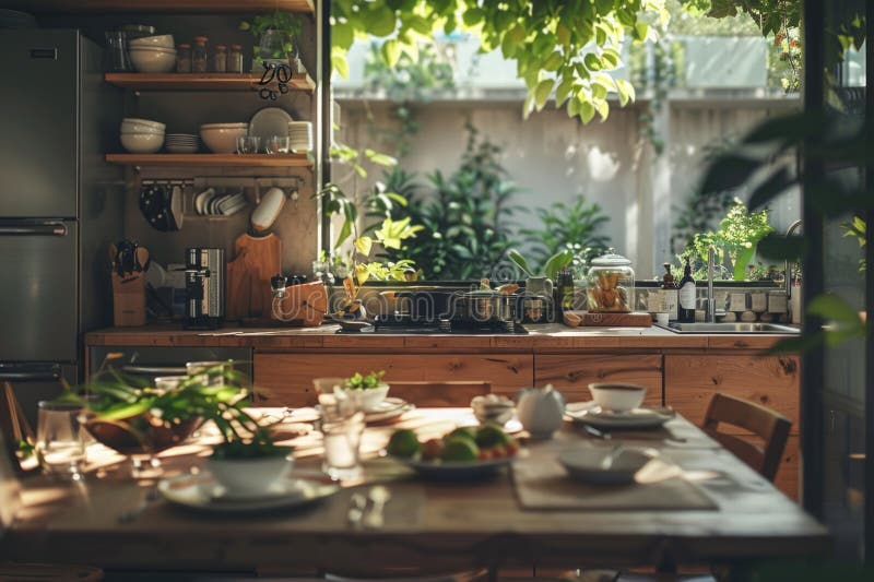 Kitchen with Table and Fridge Stock Image - Image of home, dining ...