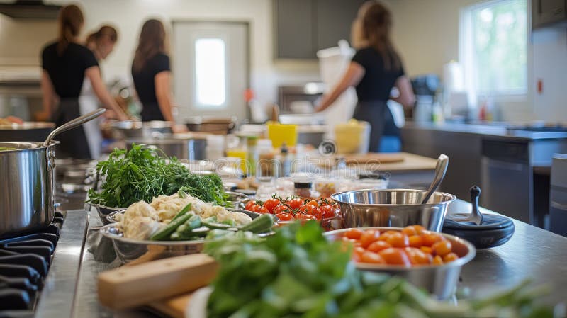 A Kitchen Table Full of Fresh Ingredients for a Cooking Class.. Stock ...