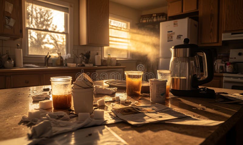 The Kitchen Table Had a Disorganized Assortment of Items Including Tea ...