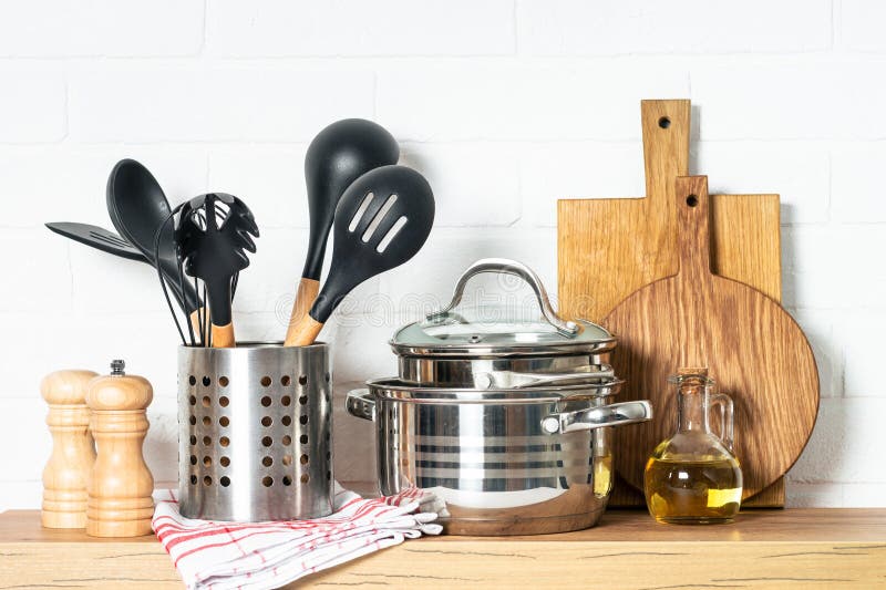 Kitchen Table, Kitchen Utensils, Cooking Pots at White Kitchen. Stock ...