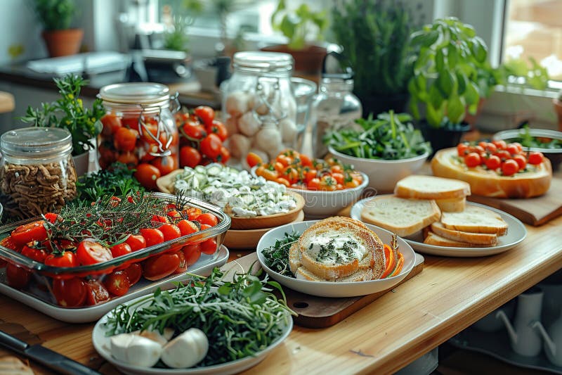 A Kitchen Table Spread with Fresh Ingredients Stock Illustration ...