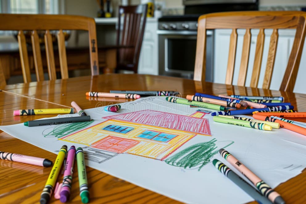 Kitchen Table with Scattered Crayons and a Fresh House Sketch Stock ...