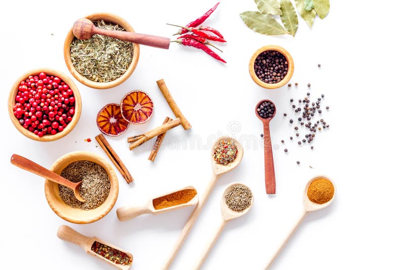 Kitchen Table with Spices and Dry Herbs on White Kitchen Background Top ...