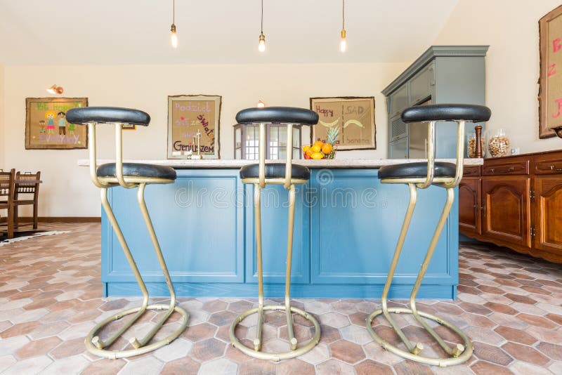 Kitchen with a Table Top and Bar Stools Stock Image - Image of design ...