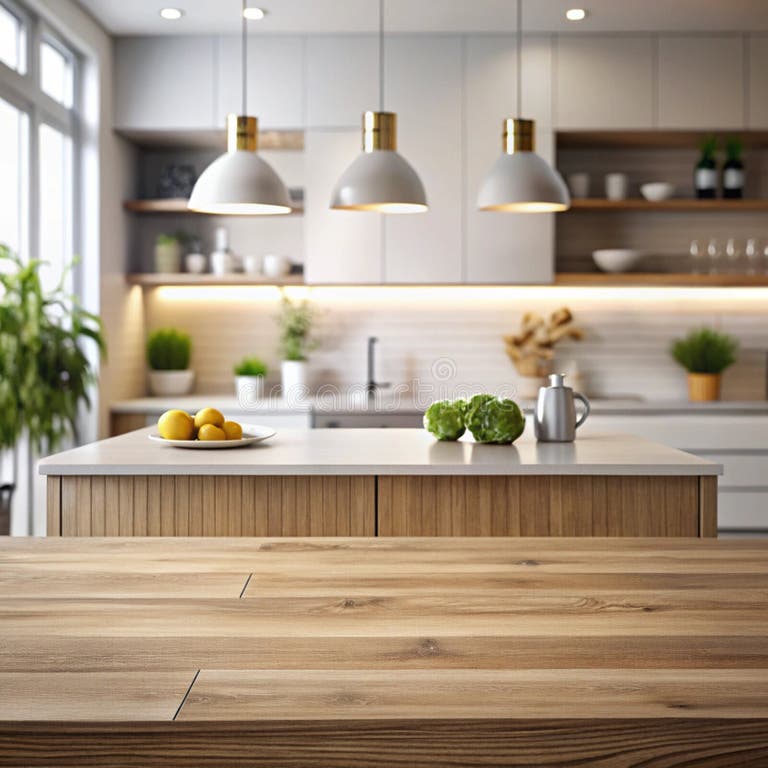 Kitchen Table Top with Blurred Modern Interior for Product Display ...