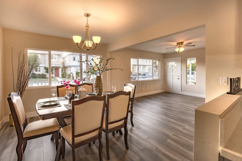 Kitchen Table with Twilight in Model Home California Real Estate Stock ...
