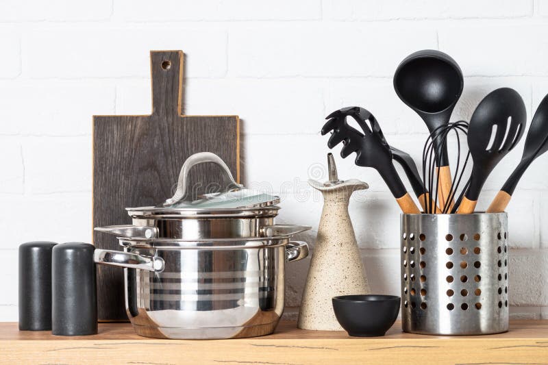 Kitchen Table, Kitchen Utensils, Cooking Pots at White Kitchen. Stock ...