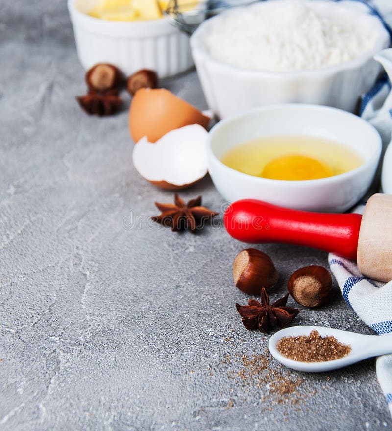Kitchen Table with Baking Ingredients Stock Image - Image of bowl ...