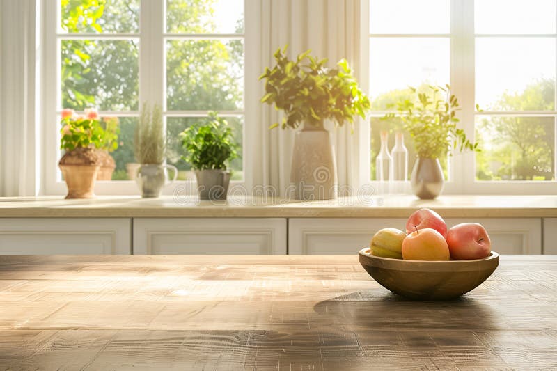 Kitchen Tabletop Background with Fruit Plate and Warm Stock Image ...