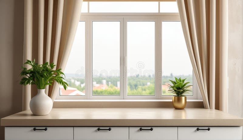 Kitchen Tabletop on Window Background with Curtains for Product ...