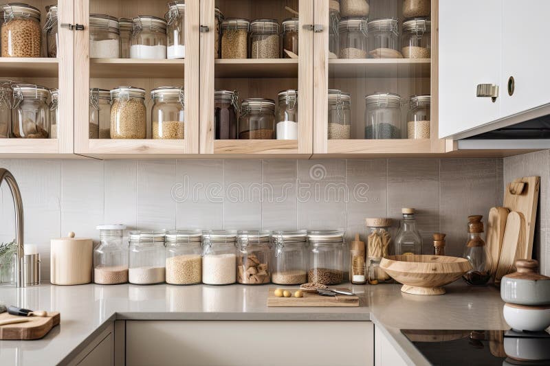 Kitchen with Tall Cabinets, Glass Jars, and Stackable Containers for ...