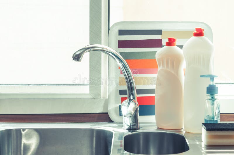 Kitchen Tap and Detergents Close Up Stock Photo - Image of sponge ...