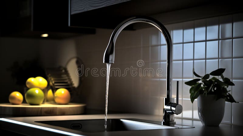 Kitchen Tap with Water Flowing Out, Modern Kitchen, Bright Lighting ...