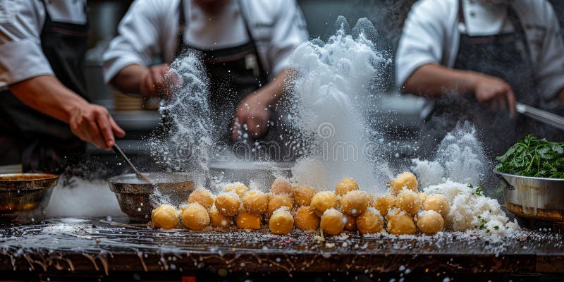 In the Kitchen, a Team of Chefs is Busy Preparing Various Dishes and ...