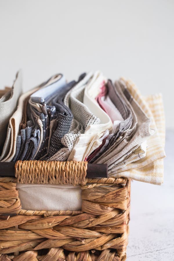 Kitchen Textile. Stack of Fabrics in Different Colors and Textures ...