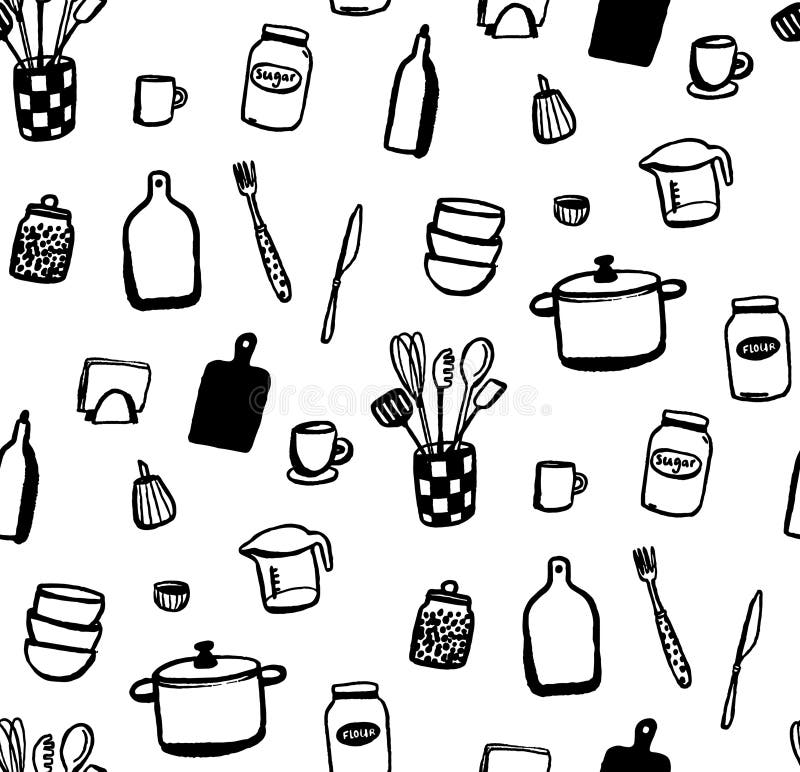 Kitchen Texture, Seamless Background Pattern, Hand Drawn Doodles of ...