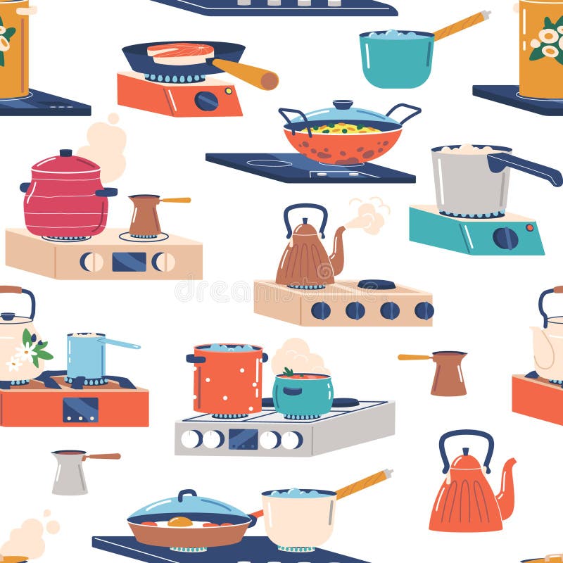 Kitchen-themed Seamless Pattern with Various Tableware and Ovens in a Repeating Design, Suitable ...