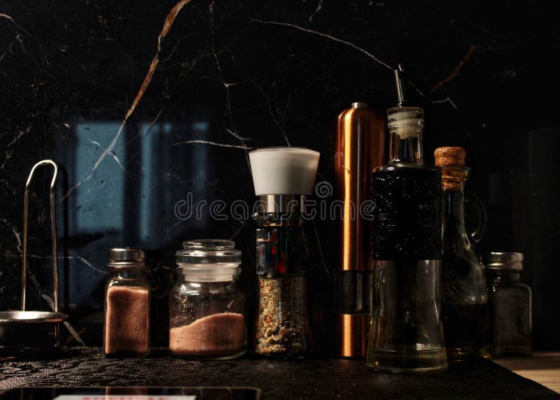 In the Kitchen There are Bottles with Seasonings and Cooking Oil Stock ...