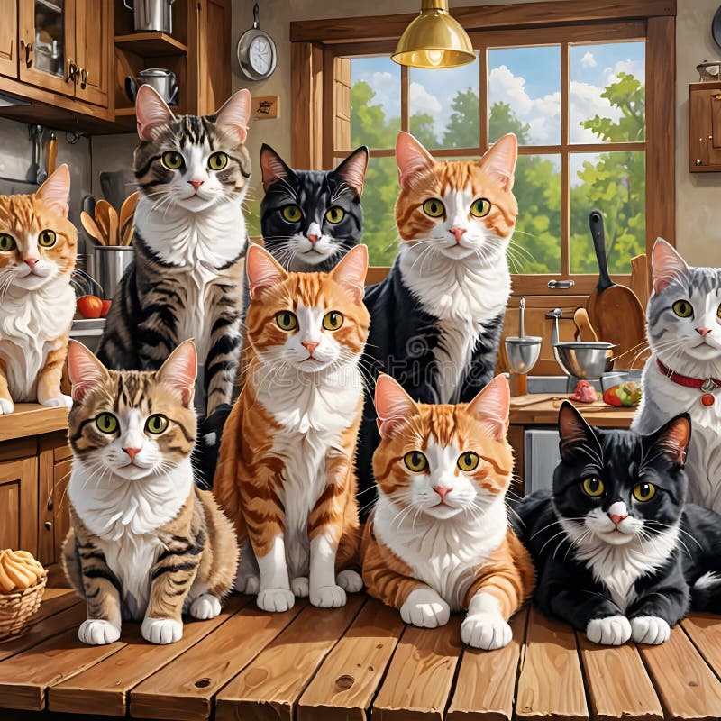 In a Kitchen, There are Many Cats Seated on a Table. Stock Photo ...