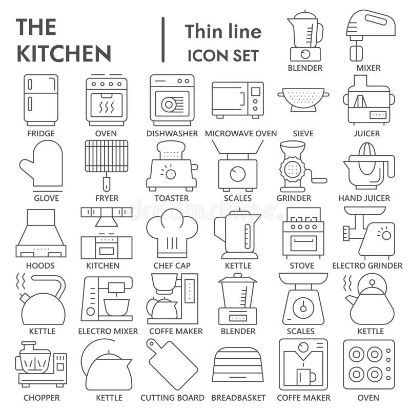 Kitchen Thin Line Icon Set, Appliances Symbols Collection or Sketches ...