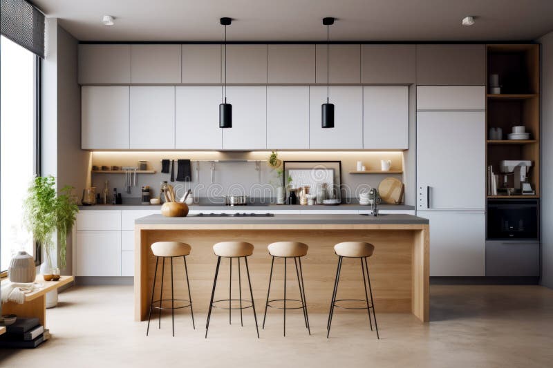 Kitchen with Three Stools Next To Counter and Stove Top Oven ...