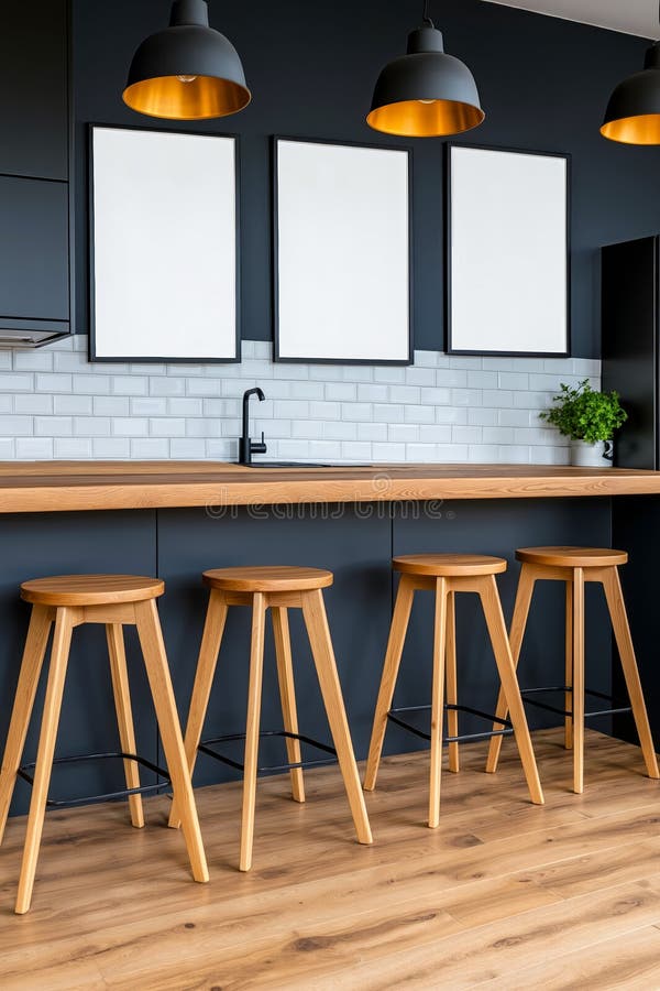 A Kitchen with Three Wooden Stools in Front of a Counter Top Stock ...