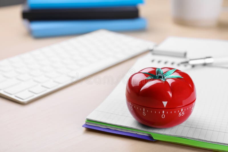 Kitchen Timer in Shape of Tomato and Notebook on Wooden Table, Space ...