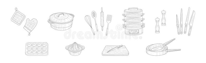 Kitchen Tool and Equipment Hand Drawn Linear Vector Set Stock Vector ...