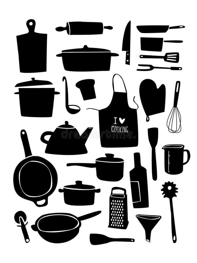 Kitchen Tool Set in Silhouette. Cooking Utensil Sketch Style. Baking ...