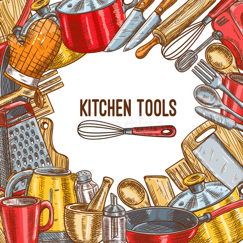 Kitchen Tool, Utensil or Kitchenware Sketch Poster Stock Vector ...