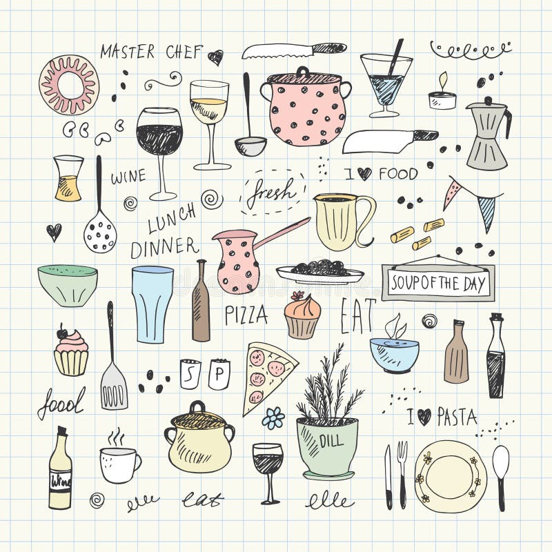 Kitchen Tools Doodle Set. Hand Drawn Vector Illustration Stock Vector ...