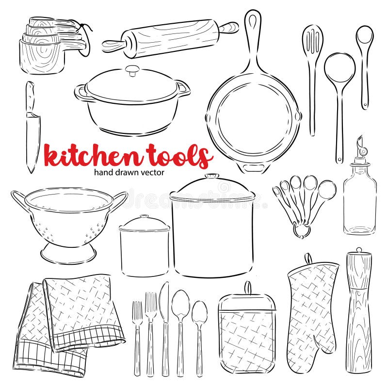 Kitchen Tools Hand Drawn Vector Stock Vector - Illustration of font ...