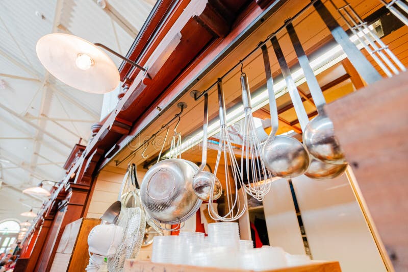 Kitchen Tools Hanging in a Restaurant Kitchen Stock Image - Image of ...