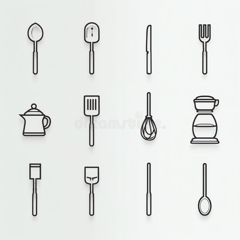 Kitchen Tools Line Art Illustrations on White Stock Illustration ...